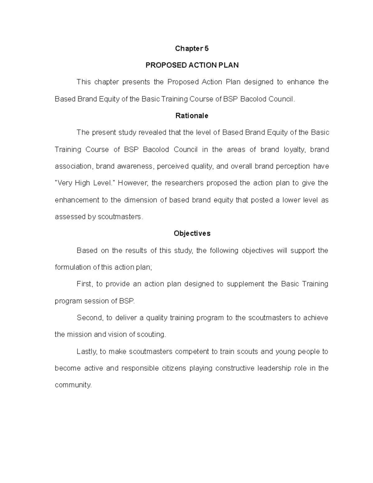 Chapter 4 action plan - Chapter 5 PROPOSED ACTION PLAN This chapter ...