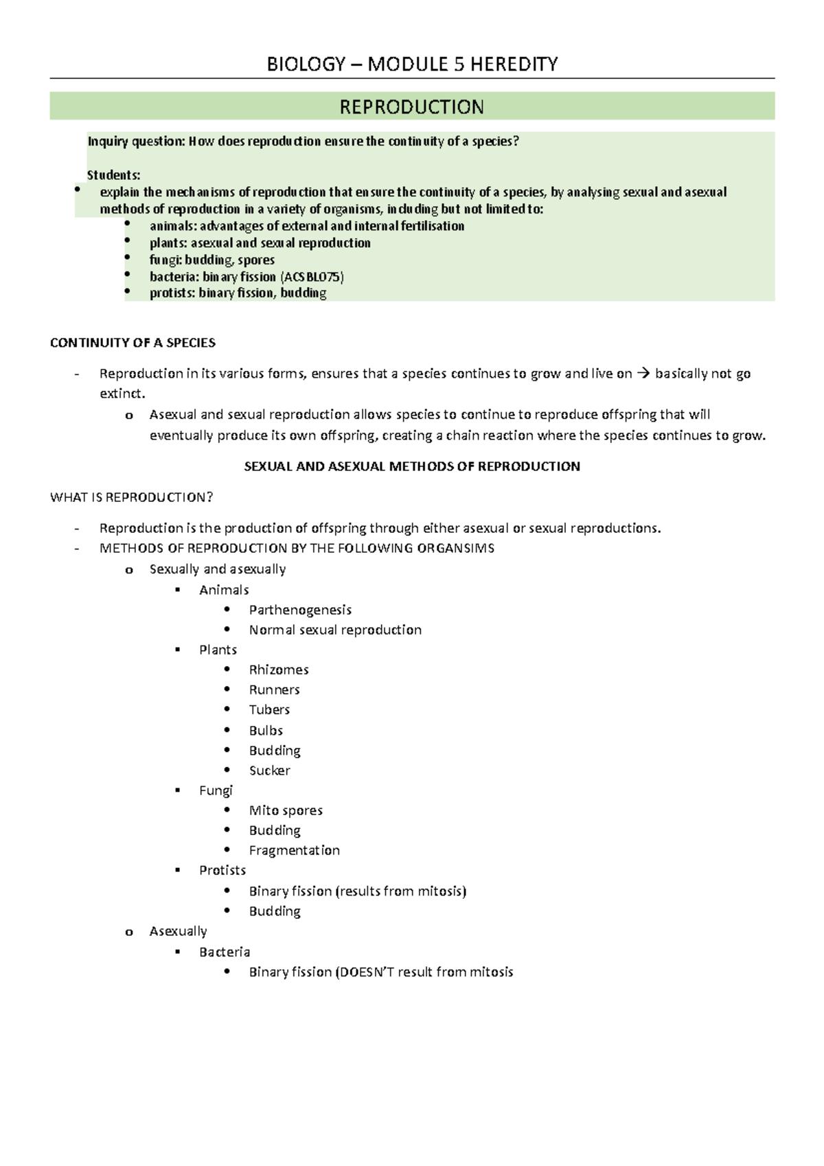 Heredity - BIOLOGY – MODULE 5 HEREDITY REPRODUCTION Inquiry question ...