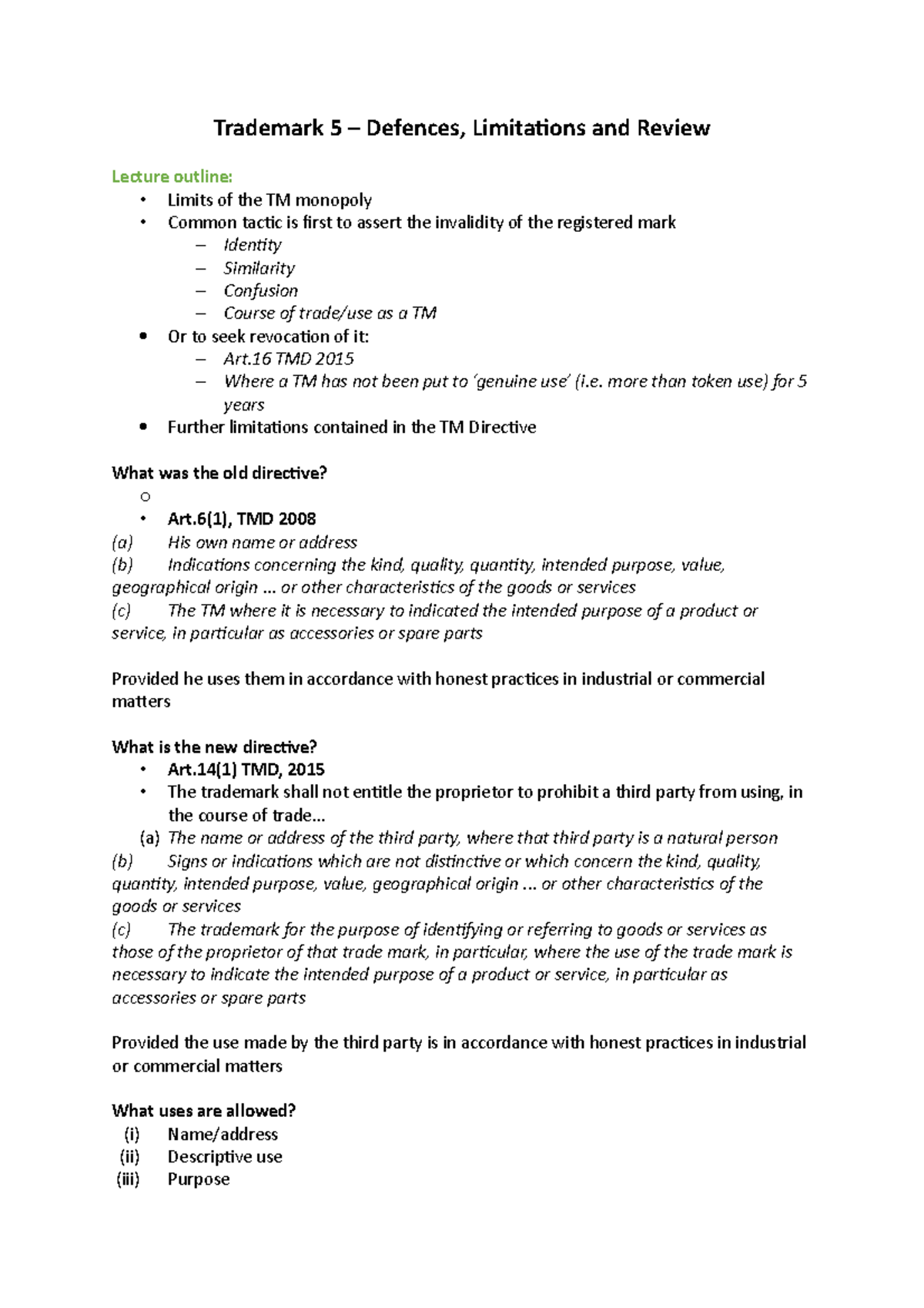 Trademark – Defences, Limitations and Review - Trademark 5 – Defences ...