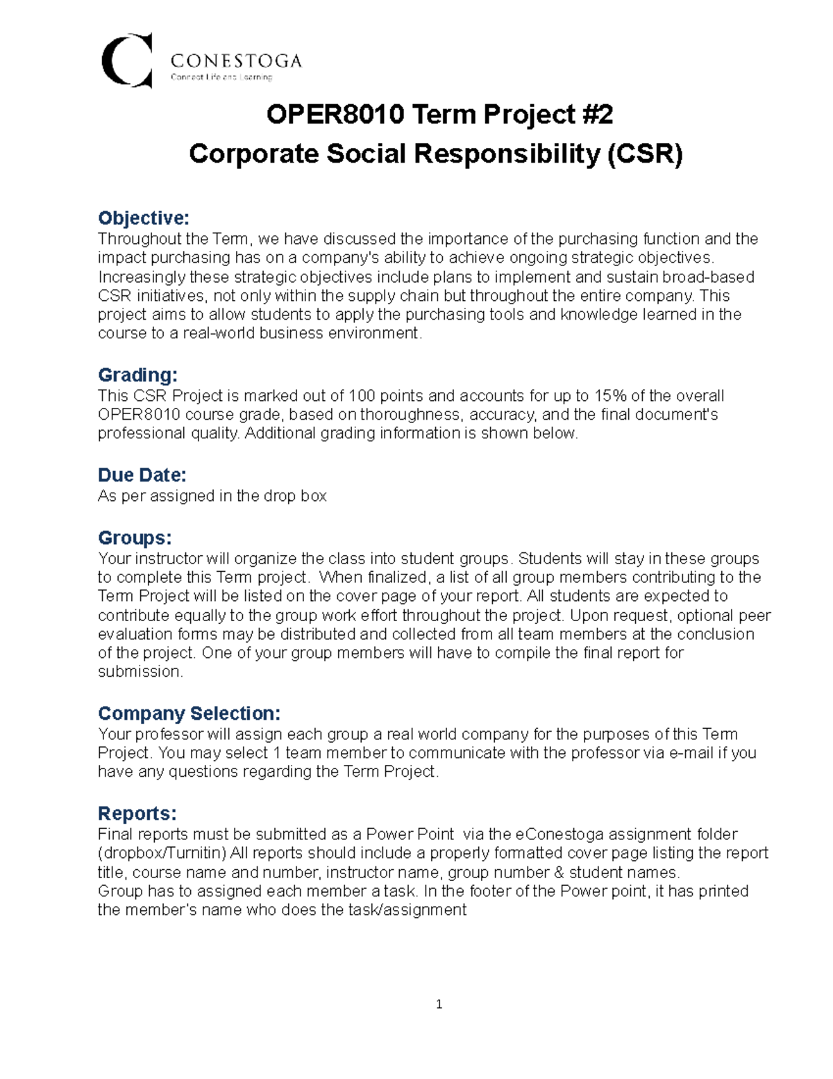 OPER8010 Project #2 (CSR) Sec 3 - OPER8010 Term Project Corporate ...