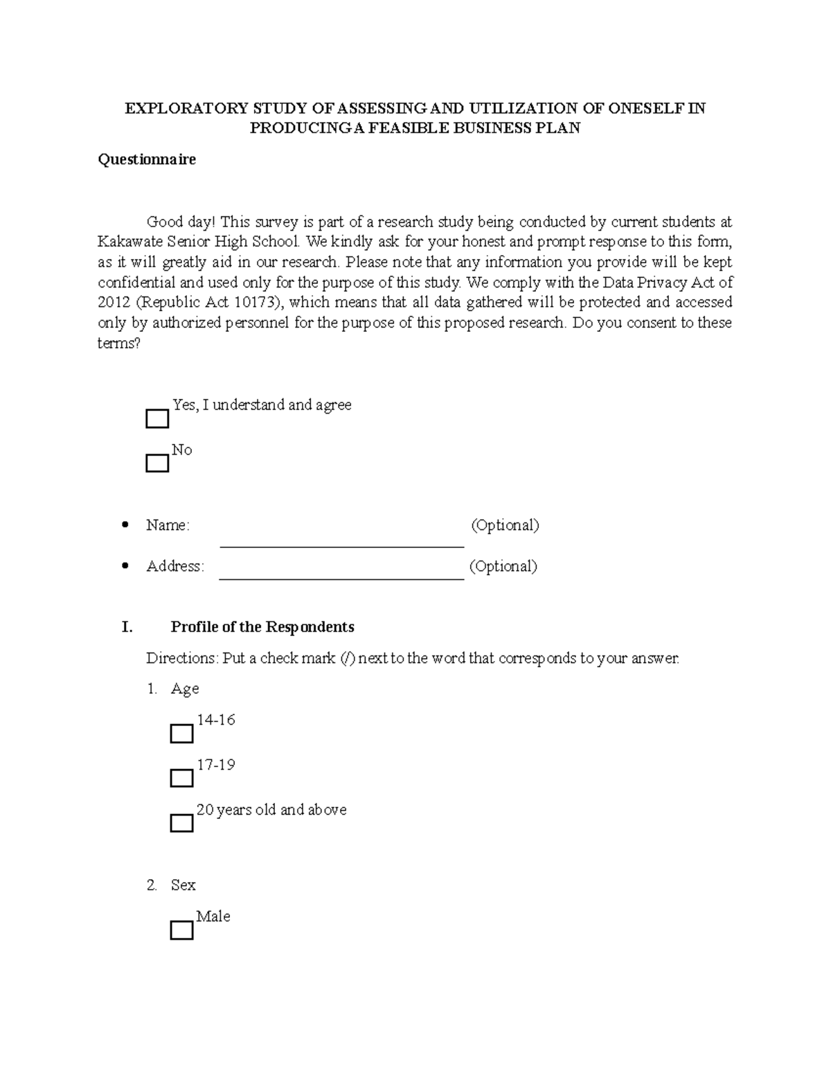 Questionnaire - Idea only. - EXPLORATORY STUDY OF ASSESSING AND ...