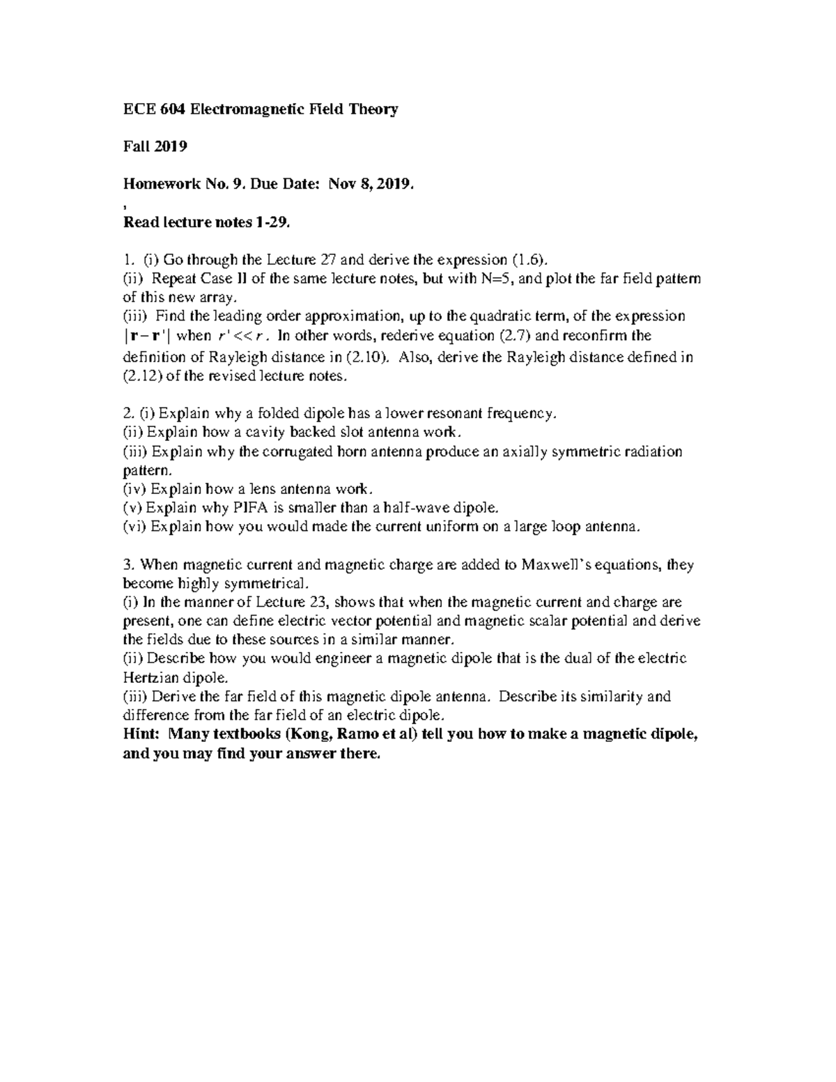 ECE604 f19 hw9 - Homework 9 - ECE 604 Electromagnetic Field Theory Fall ...