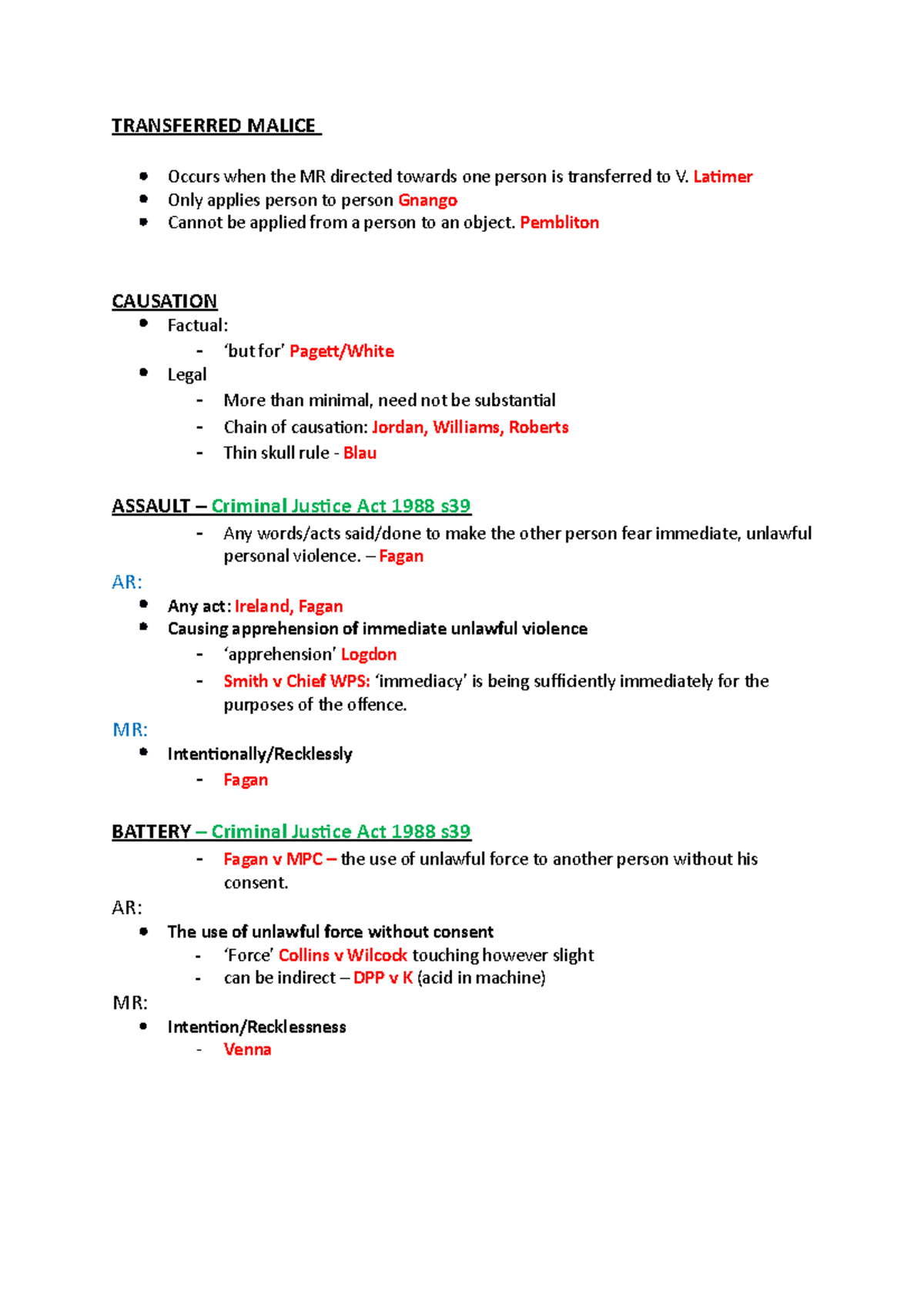OAPA ACT 1861 - Revision notes - TRANSFERRED MALICE Occurs when the MR ...