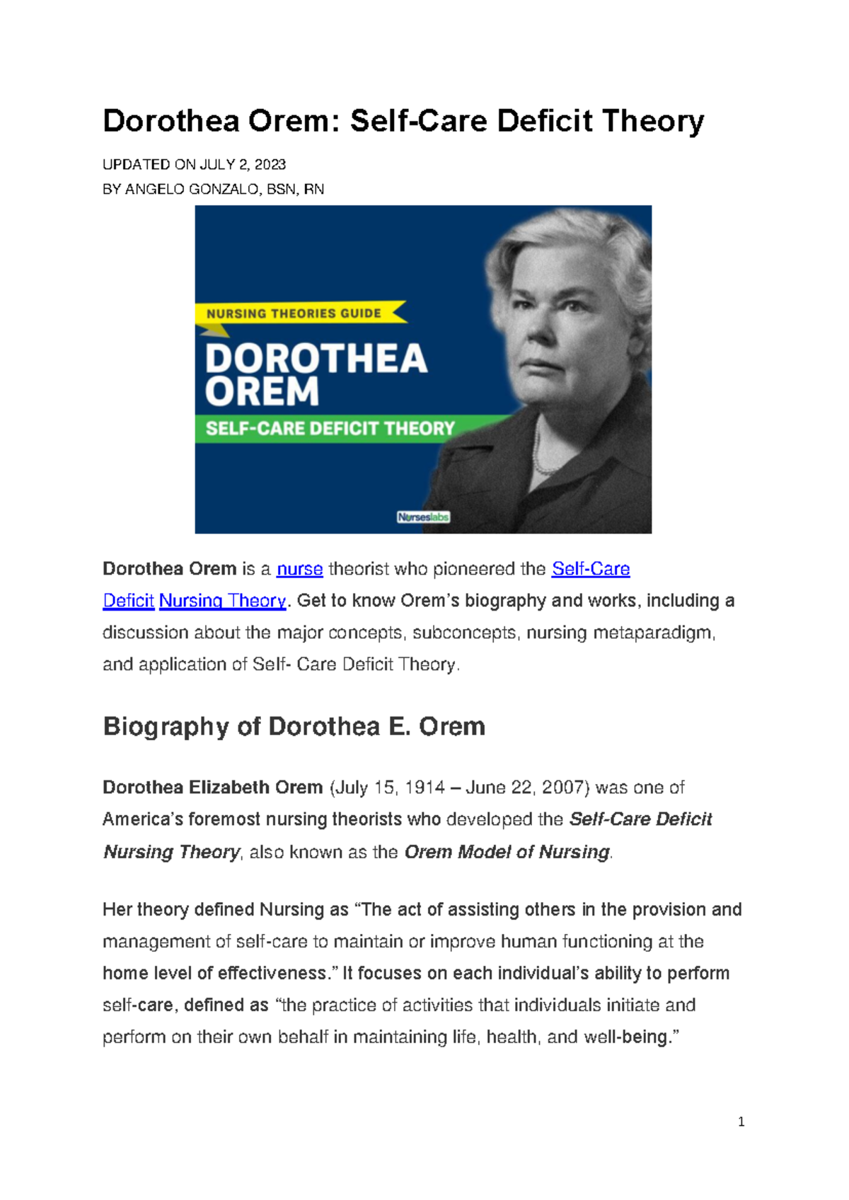 LU 1 - Notes - Dorothea Orem - Dorothea Orem: Self-Care Deficit Theory ...