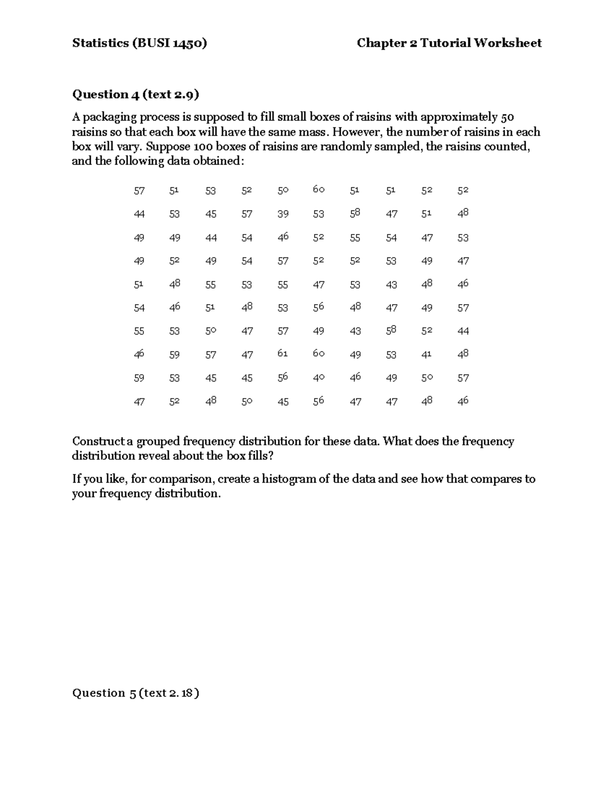 Chapter 2 Worksheet - Part 2 - Statistics (BUSI 1450) Chapter 2 ...