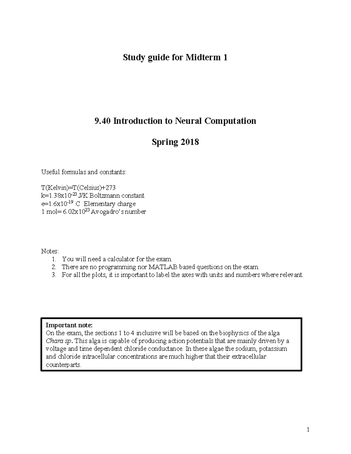 Study Guide 01 - Study guide for Midterm 1 9 Introduction to Neural Computation Spring 2018 ...