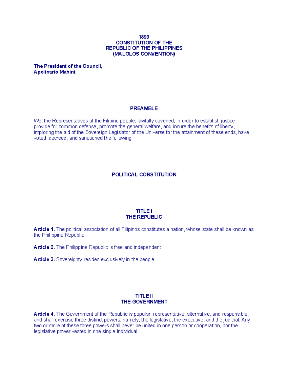 1899 Malolos Constitution - 1899 CONSTITUTION OF THE REPUBLIC OF THE ...