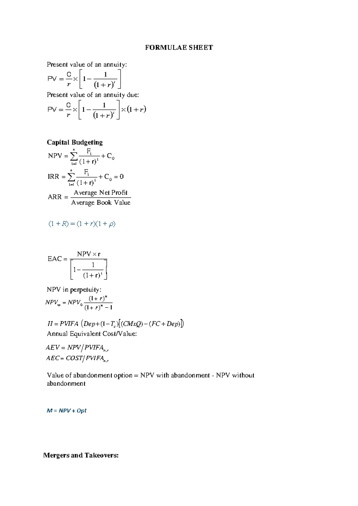 Formulae Sheet BFW2140 Final Exam Final - FORMULAE SHEET Present value of an annuity: ( ) - Studocu