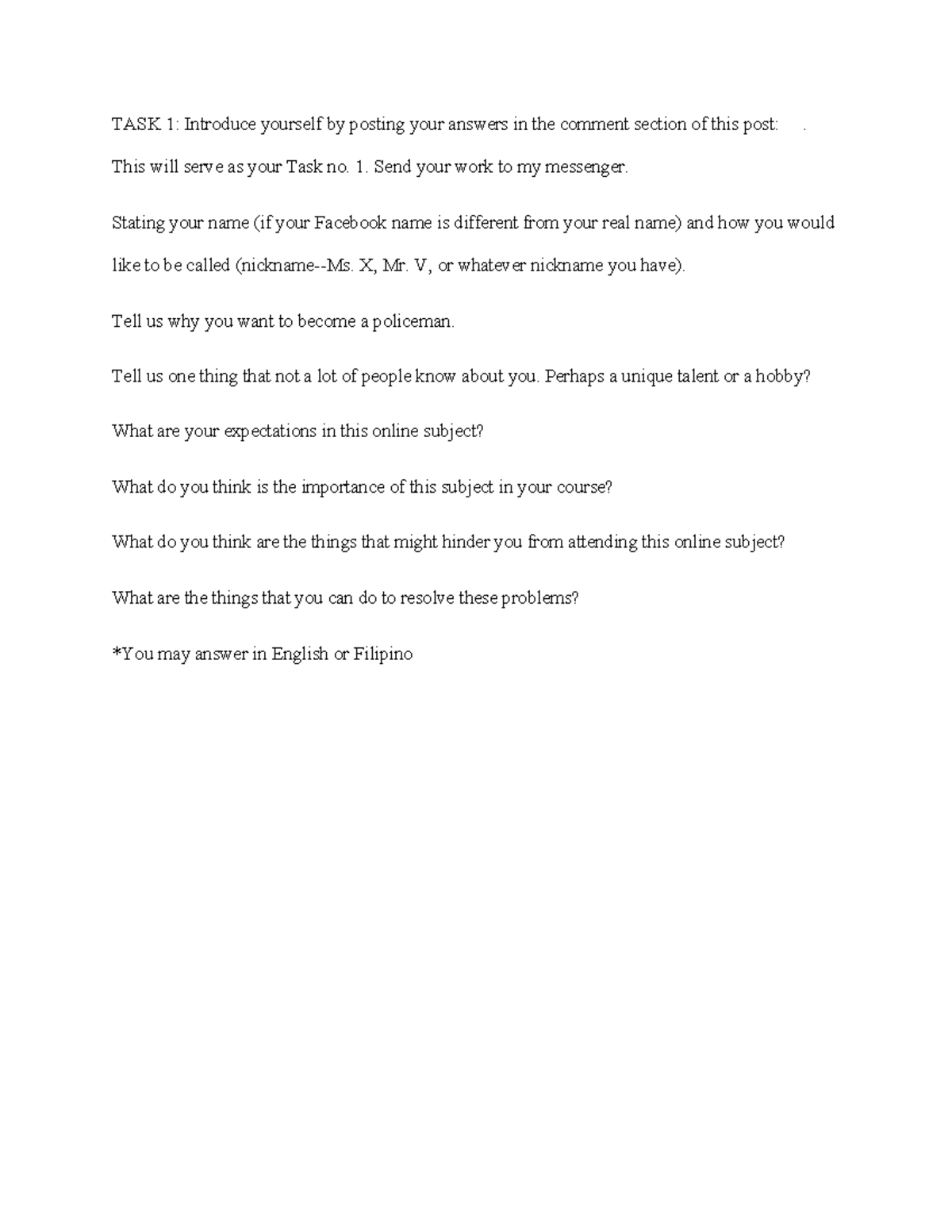 TASK 1 - TASK 1: Introduce yourself by posting your answers in the ...