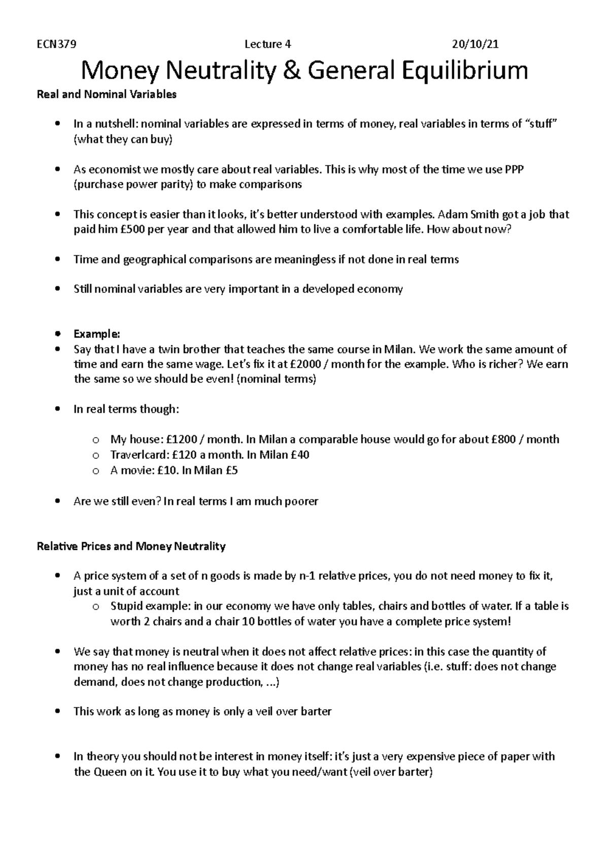 Lecture 4 - Money Neutrality & General Equilbrium - Money Neutrality ...