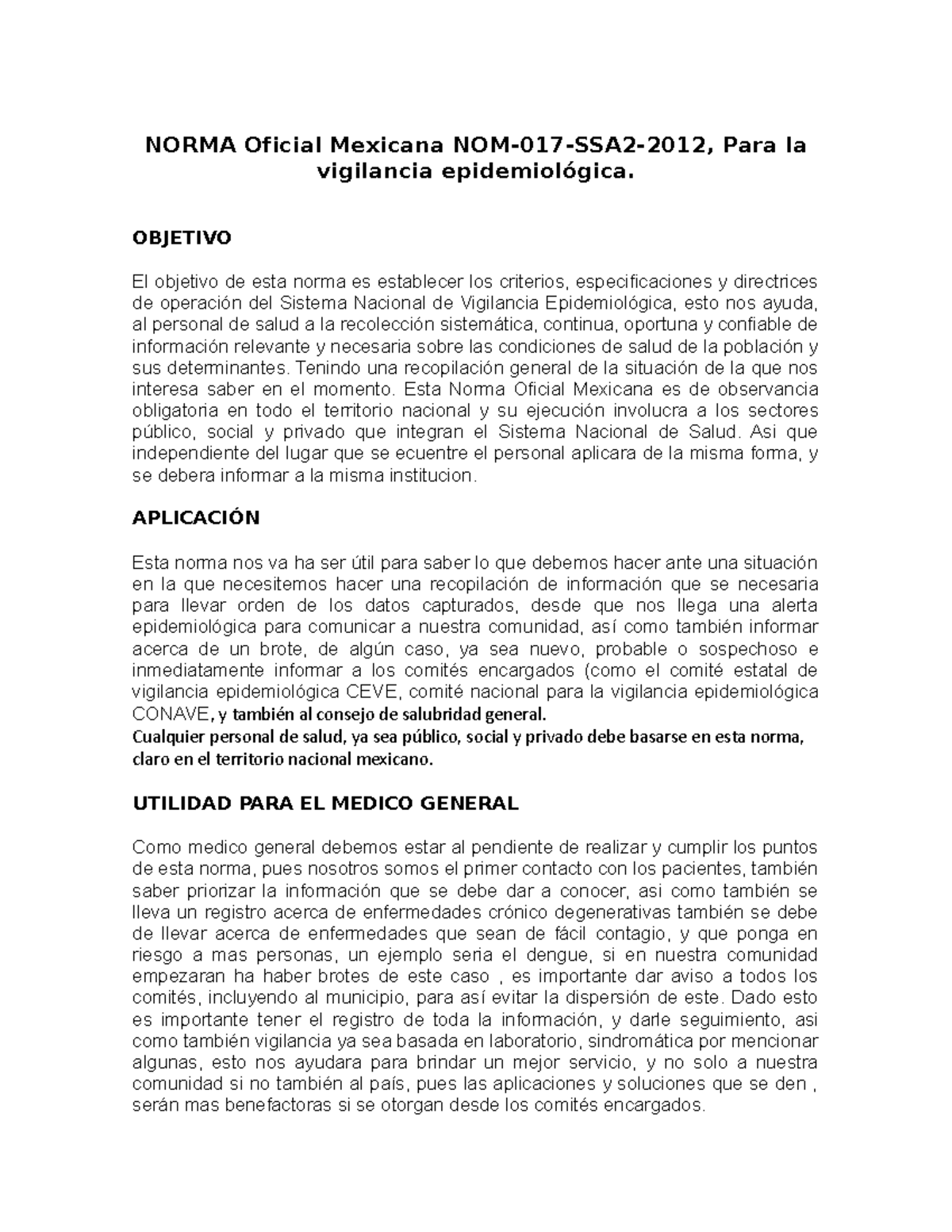 NOM 017. Resumen - NORMA Oficial Mexicana NOM-017-SSA2-2012, Para la ...