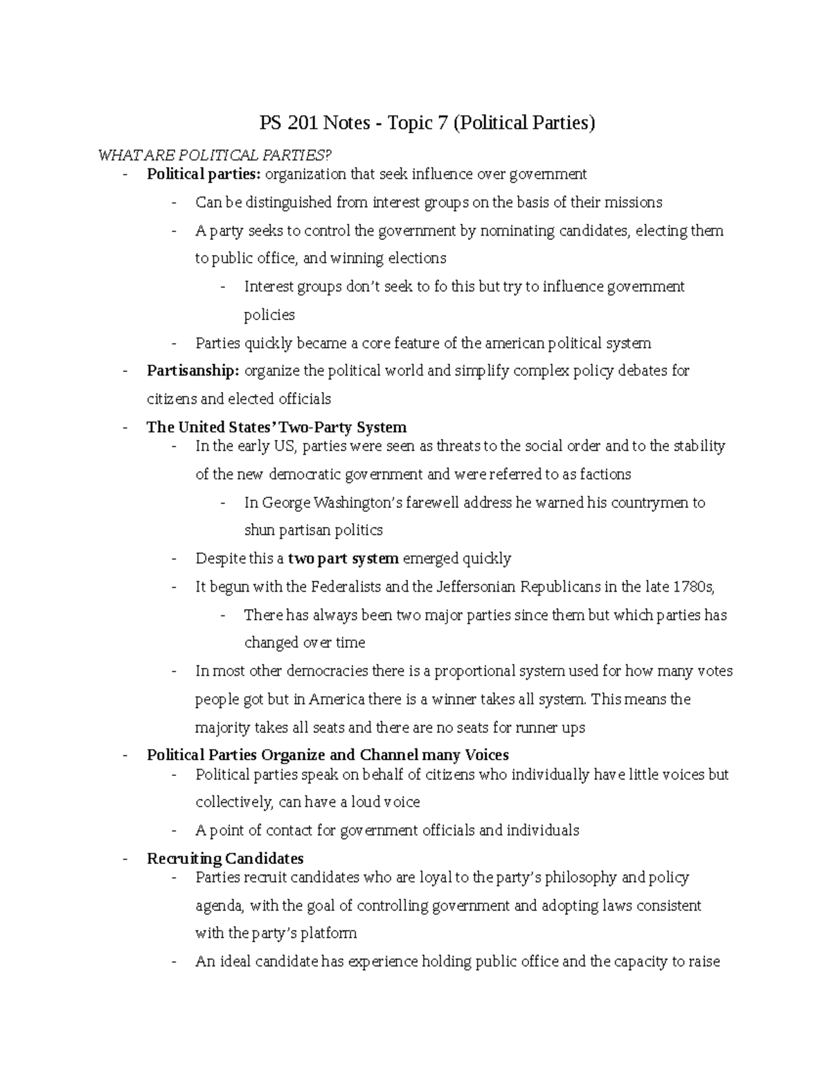 PS 201 Topic 7 Notes (Political Parties) - PS 201 Notes - Topic 7 ...