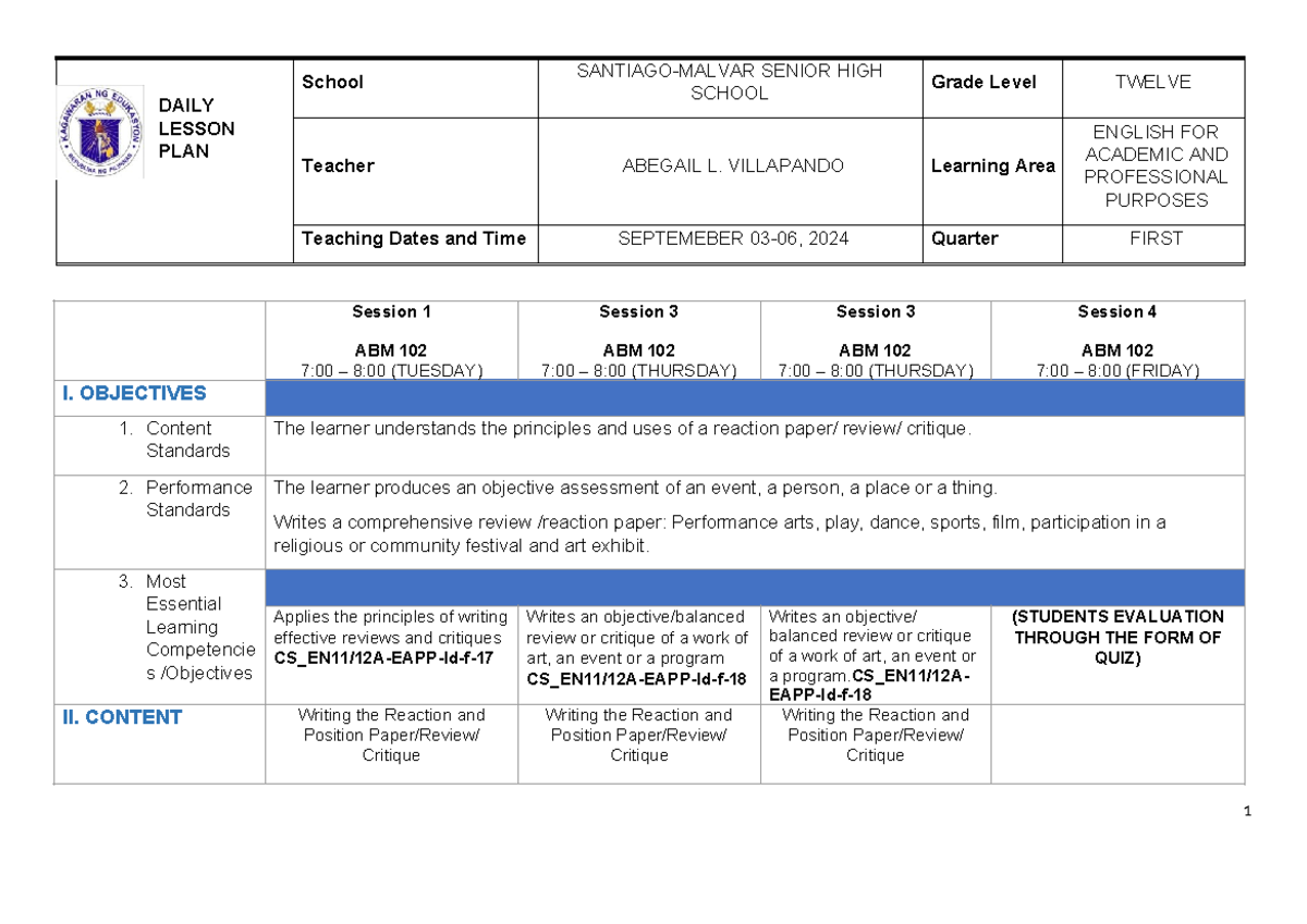 DLL - EAPP - Q1 - WEEK 6 - DLL - DAILY LESSON PLAN School SANTIAGO ...
