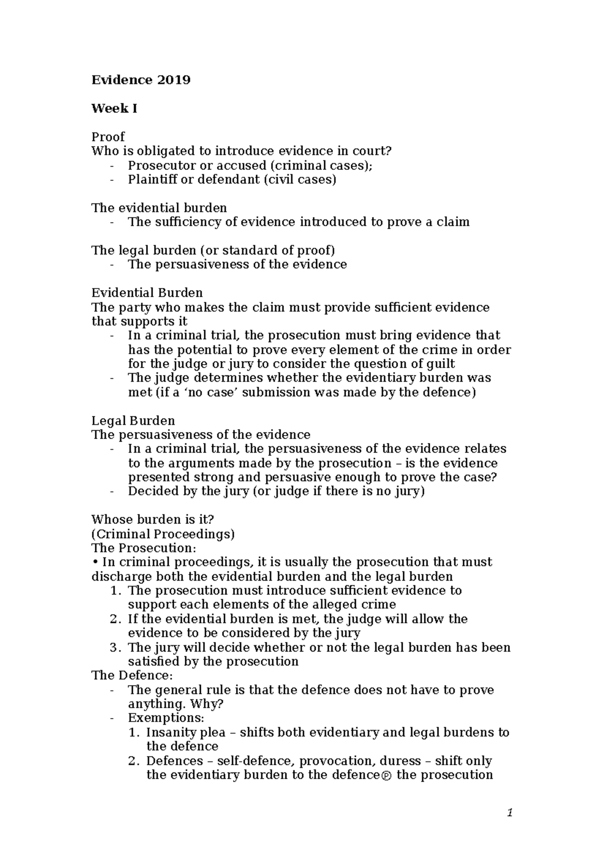 Evidence 2019 - Lecture notes 1-9 - Evidence 2019 Week I Proof Who is ...