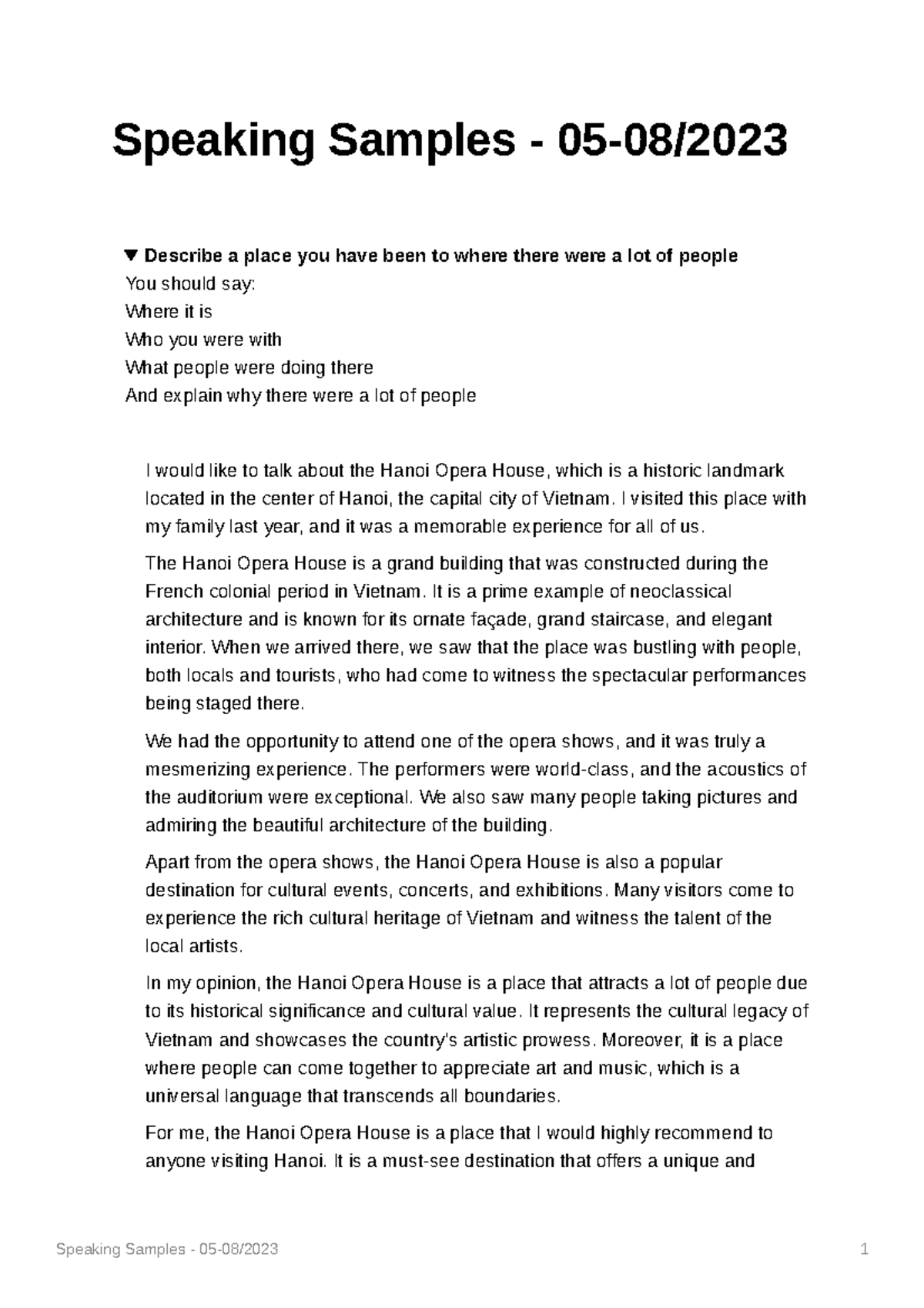 Speaking Samples - 05 - 08 - 2023 - Speaking Samples - 05-08/ Describe ...