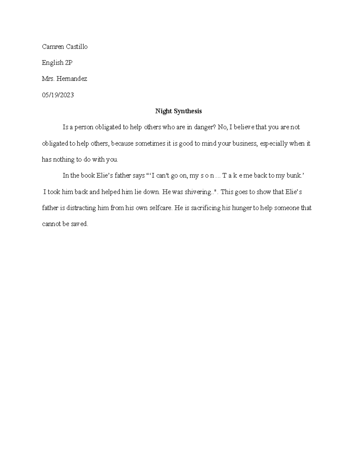 Camren Castillo - night synthesis paper - Camren Castillo English 2P ...
