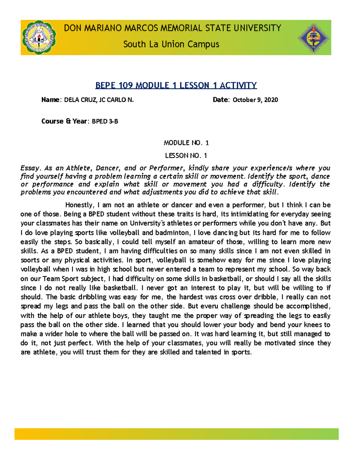 DELA CRUZ JC Carlo BEPE 109 Module 1 PART 1 Activities - BEPE 109 MODULE 1 LESSON 1 ACTIVITY ...