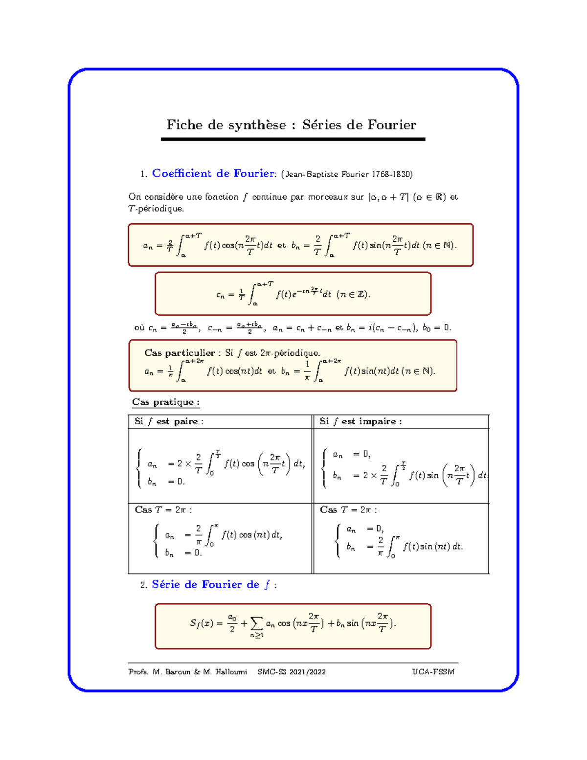 Fiche Technique Séries Fourier - Fiche de synth`ese : S ́eries de ...
