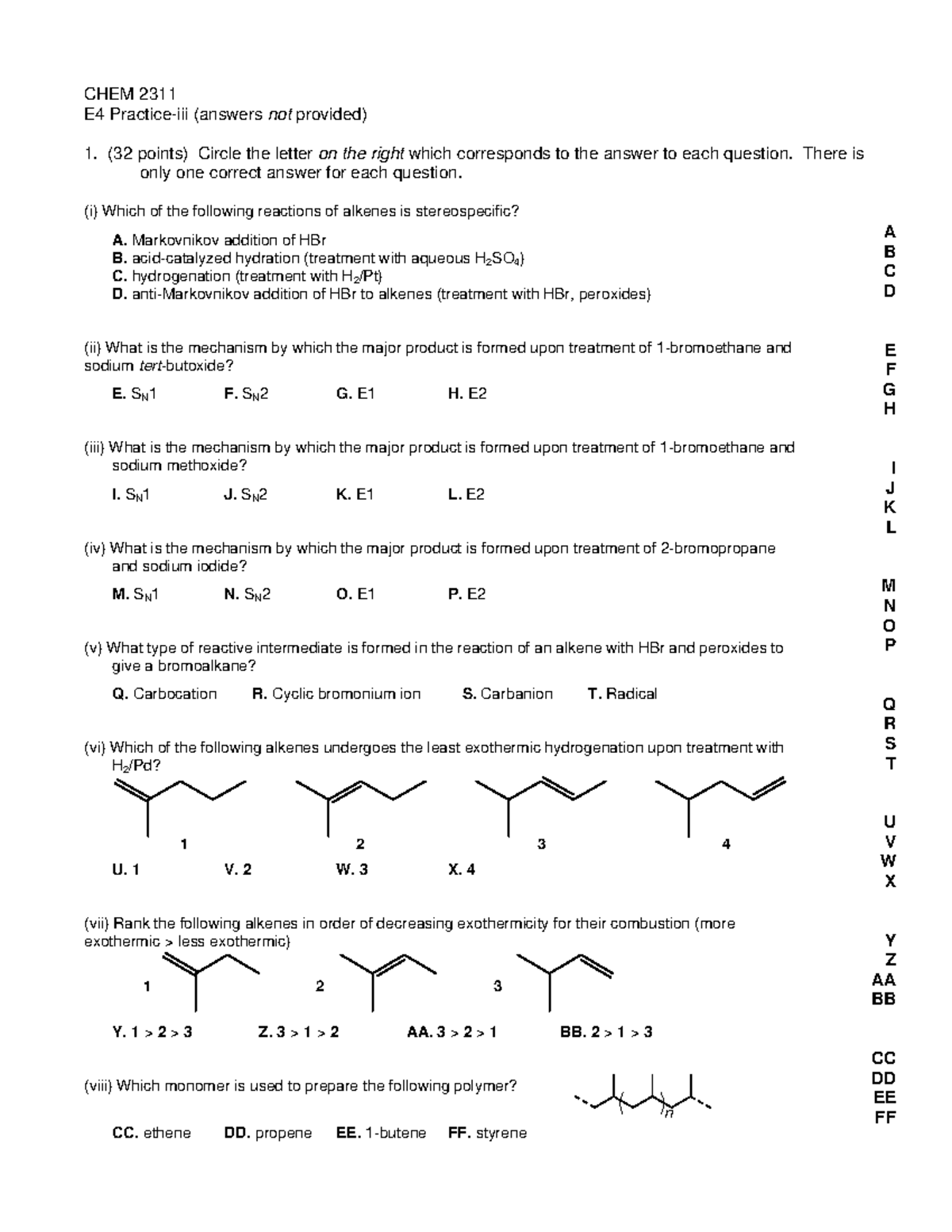 Practice Exam 4 C - CHEM 2311 E4 Practice-iii (answers not provided) 1 ...
