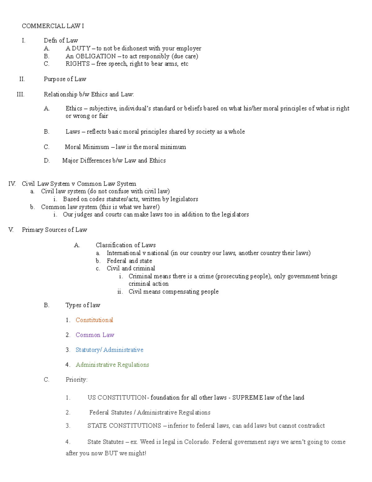 Course Outline EXAM 1 - Lecture notes First third of class - COMMERCIAL ...
