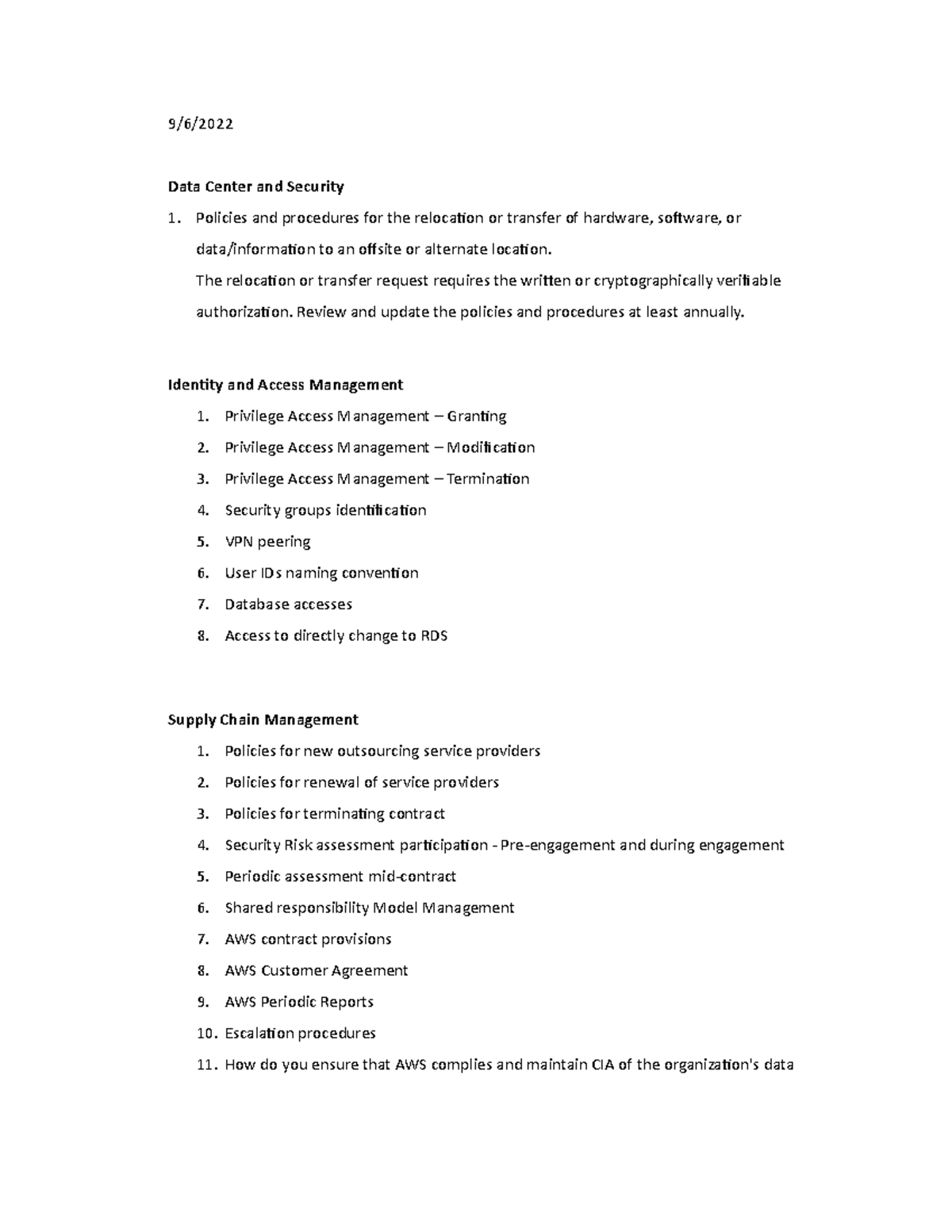 Line of Questions - 9/6/ Data Center and Security Policies and ...