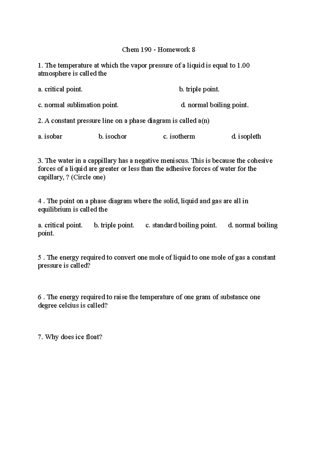 CHEM 1900 homework chapter 8 + solution - Chem 190 - Homework 8 The ...