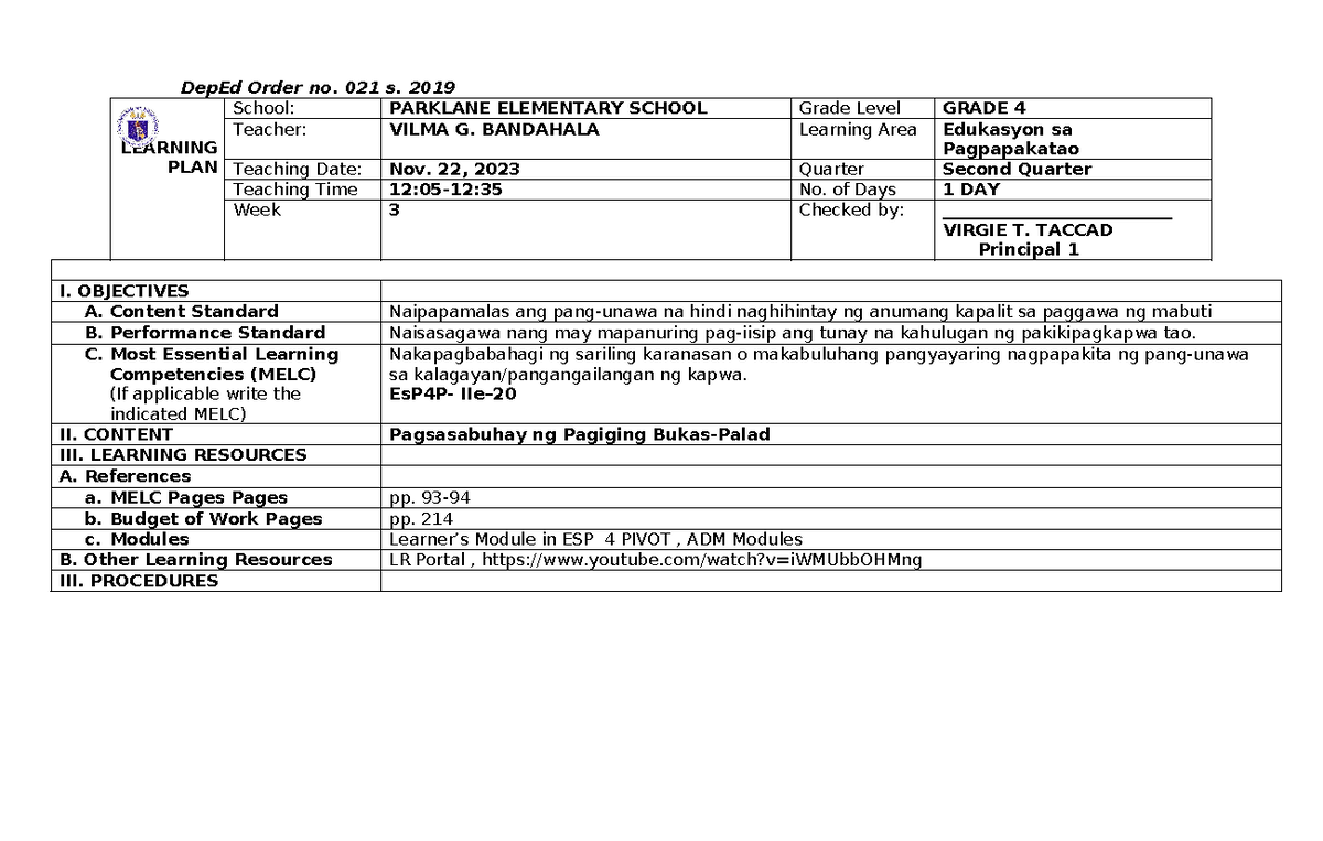 DLL Quarter 2 WEEK 3 - ESP COT Q2.docx · version 1 - DepEd Order no ...