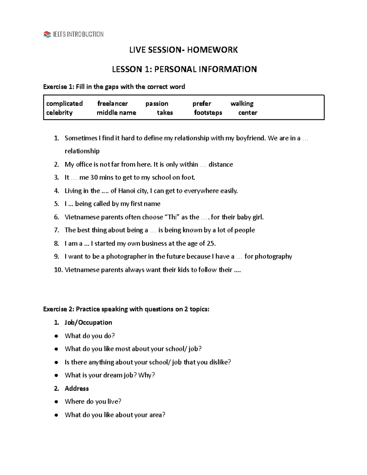 Lesson 1-homework Introduction.docx - È IELTS INTRODUCTION LIVE SESSION ...