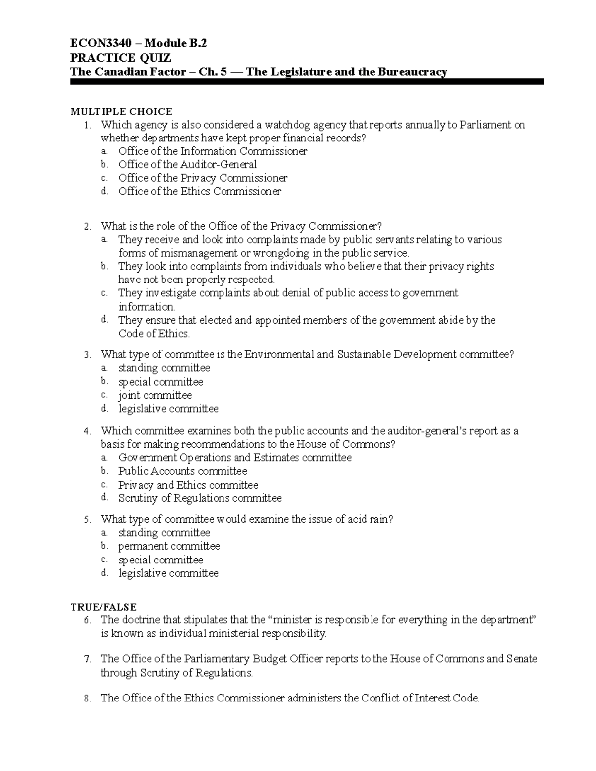 Module B.2 - Ch 5 Practice Quiz The Legislature and the Bureaucracy KEY ...