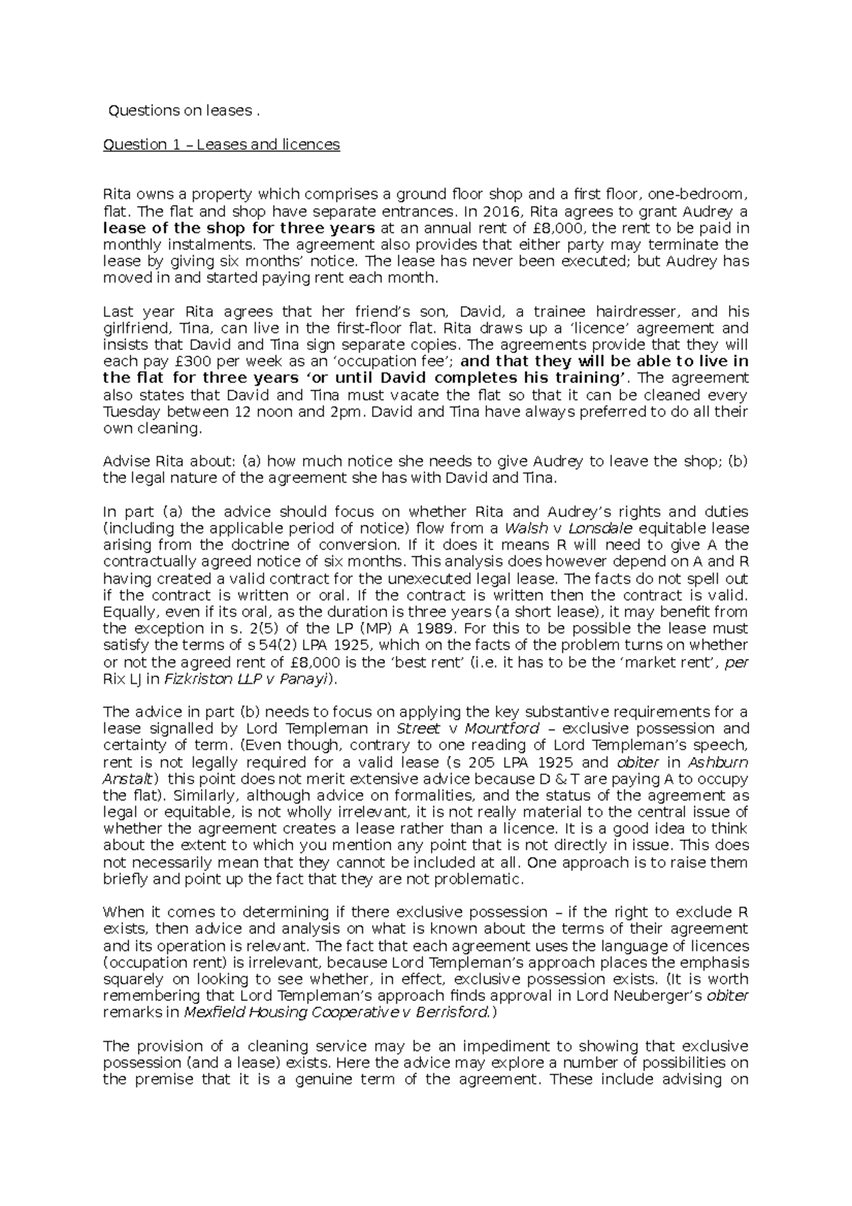 Questions on leases - helpful notes for consideration. - Questions on ...