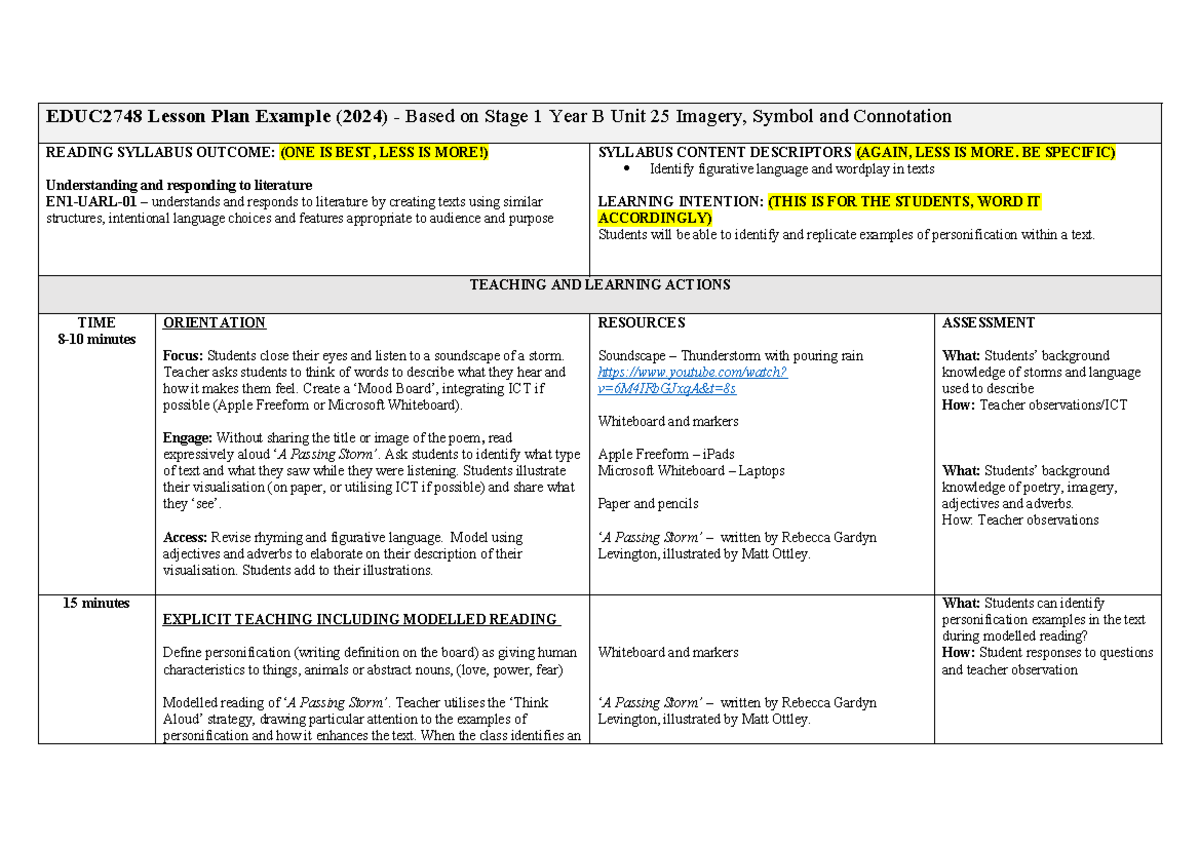 Lesson Plan Example 2024 - EDUC2748 Lesson Plan Example (2024) - Based ...