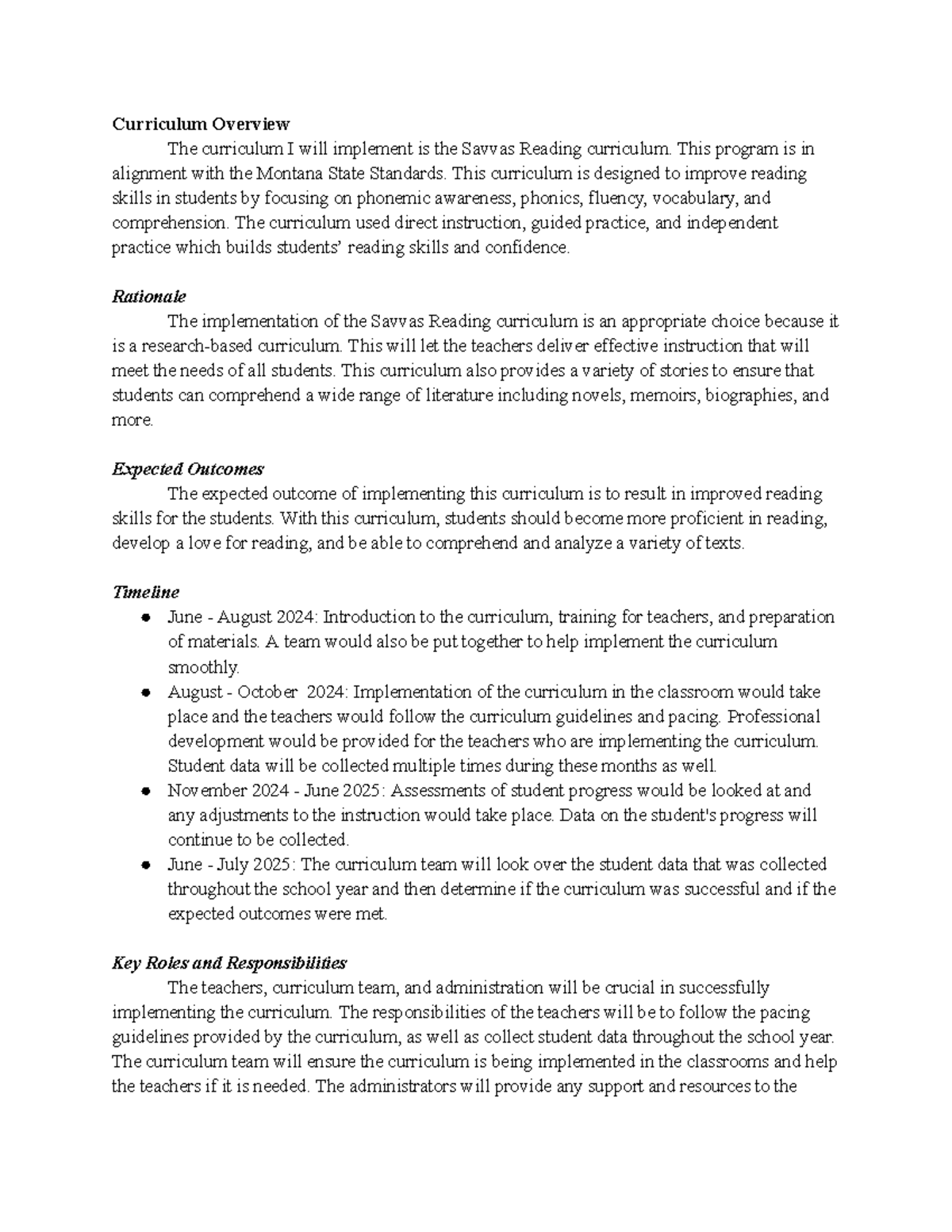 Supporting Curriculum Implementation - Curriculum Overview The ...