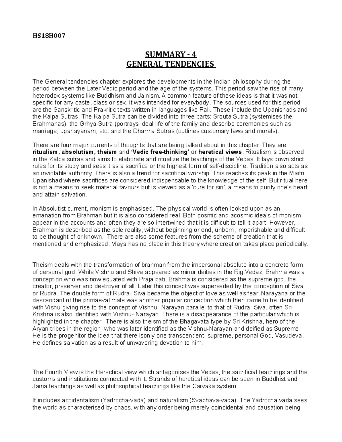 General Tendencies of Indian Philosophy - HS18H SUMMARY - 4 GENERAL ...