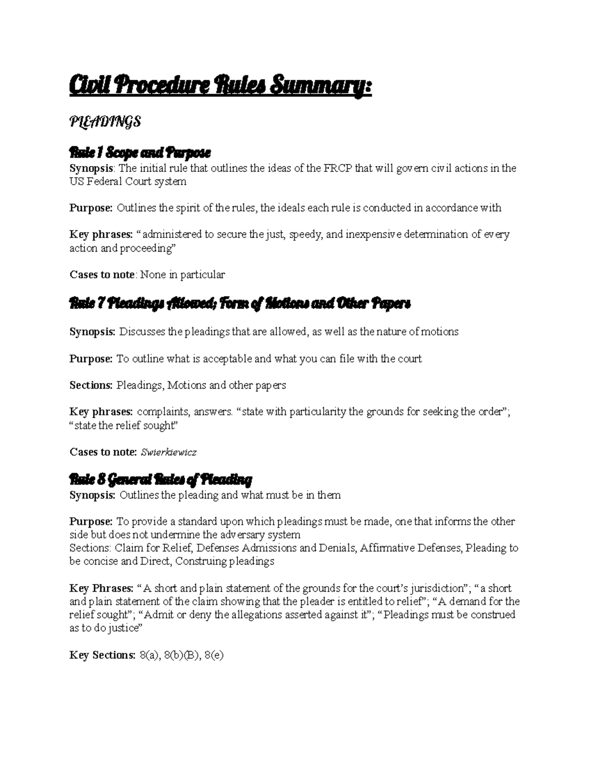 Civ Pro Rules Outline.docx - Google Docs - Civi Procedur Rule Summar ...