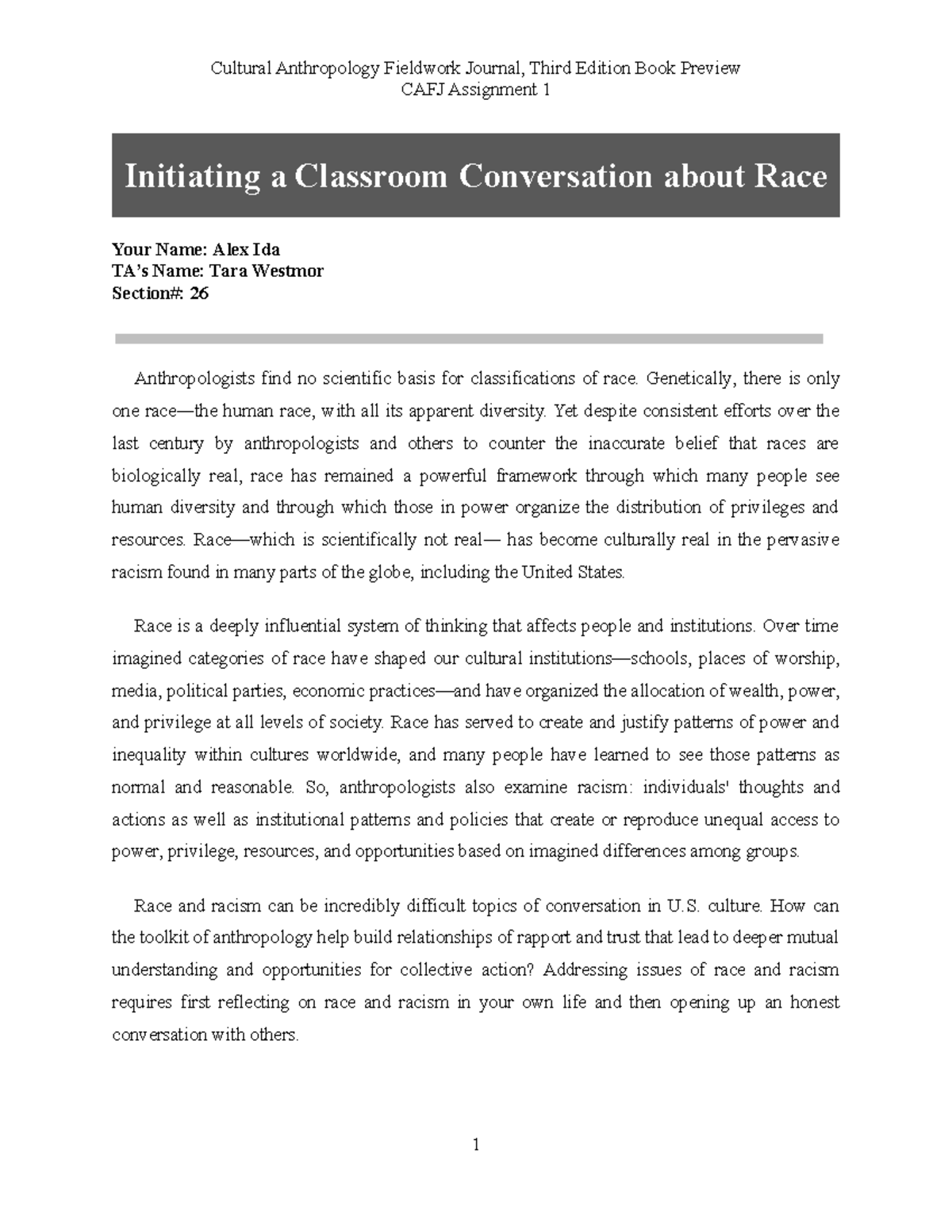 Cultural Anthropology Field Journal 1 Worksheet and Rubric - CAFJ ...