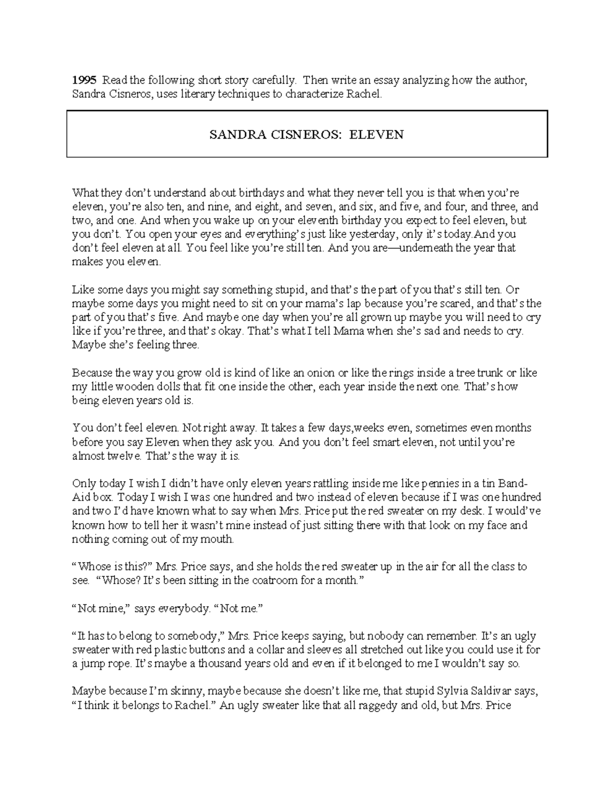 Eleven Prose Prompt - 1995 Read the following short story carefully ...