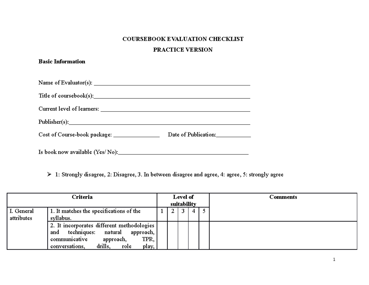 Textbook Evaluation Sheet Practice - COURSEBOOK EVALUATION CHECKLIST ...