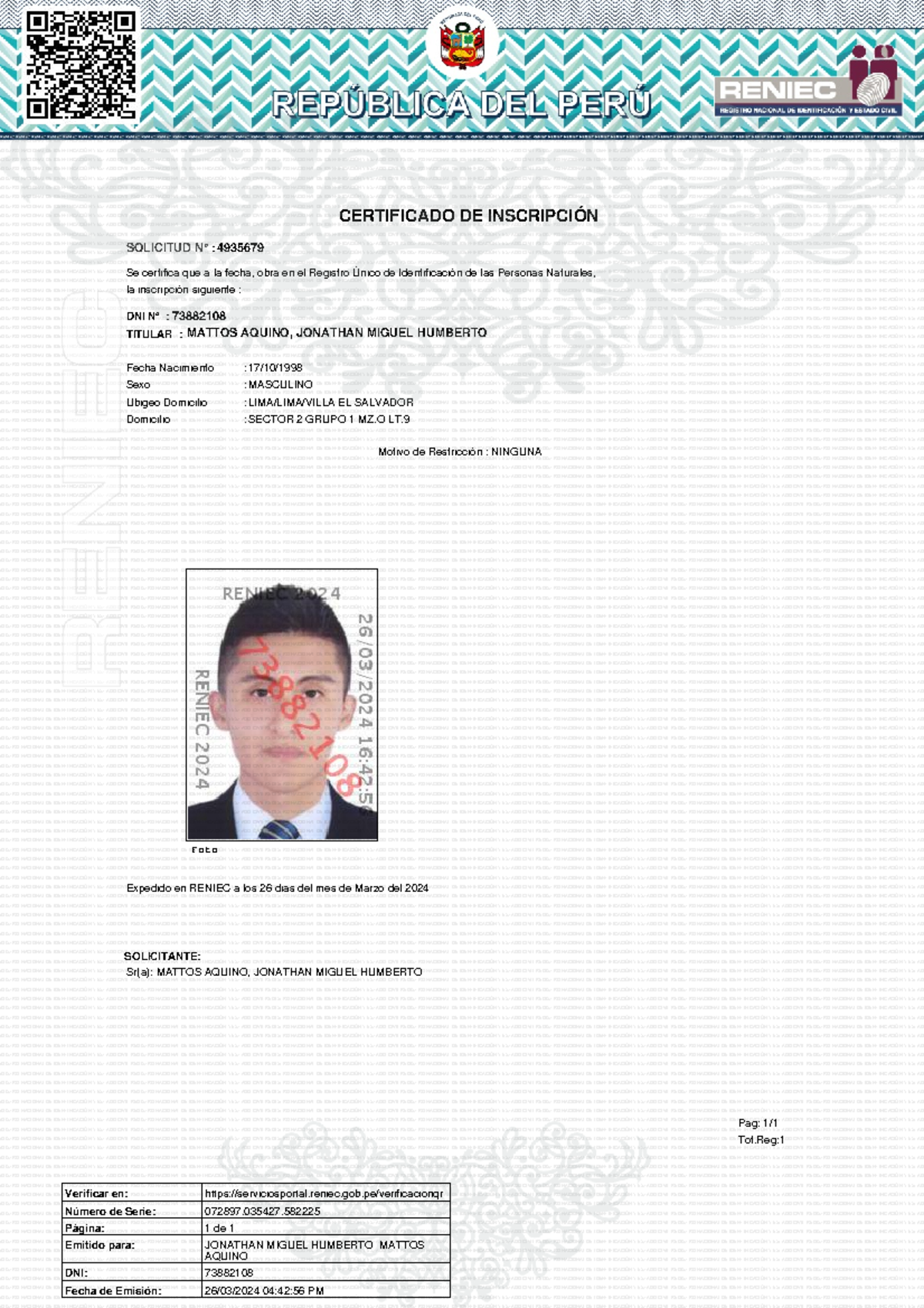 Doc C 12767255 - DDDD - CERTIFICADO DE INSCRIPCIÓN SOLICITUD N° Fecha ...