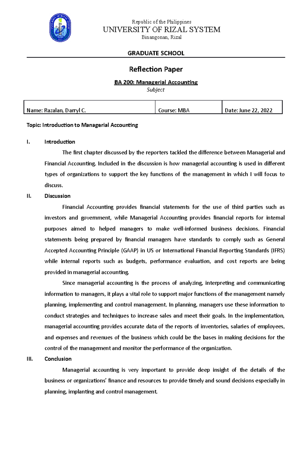 Razalan, Darryl C. - Reflection Paper Form (Introduction to Managerial ...