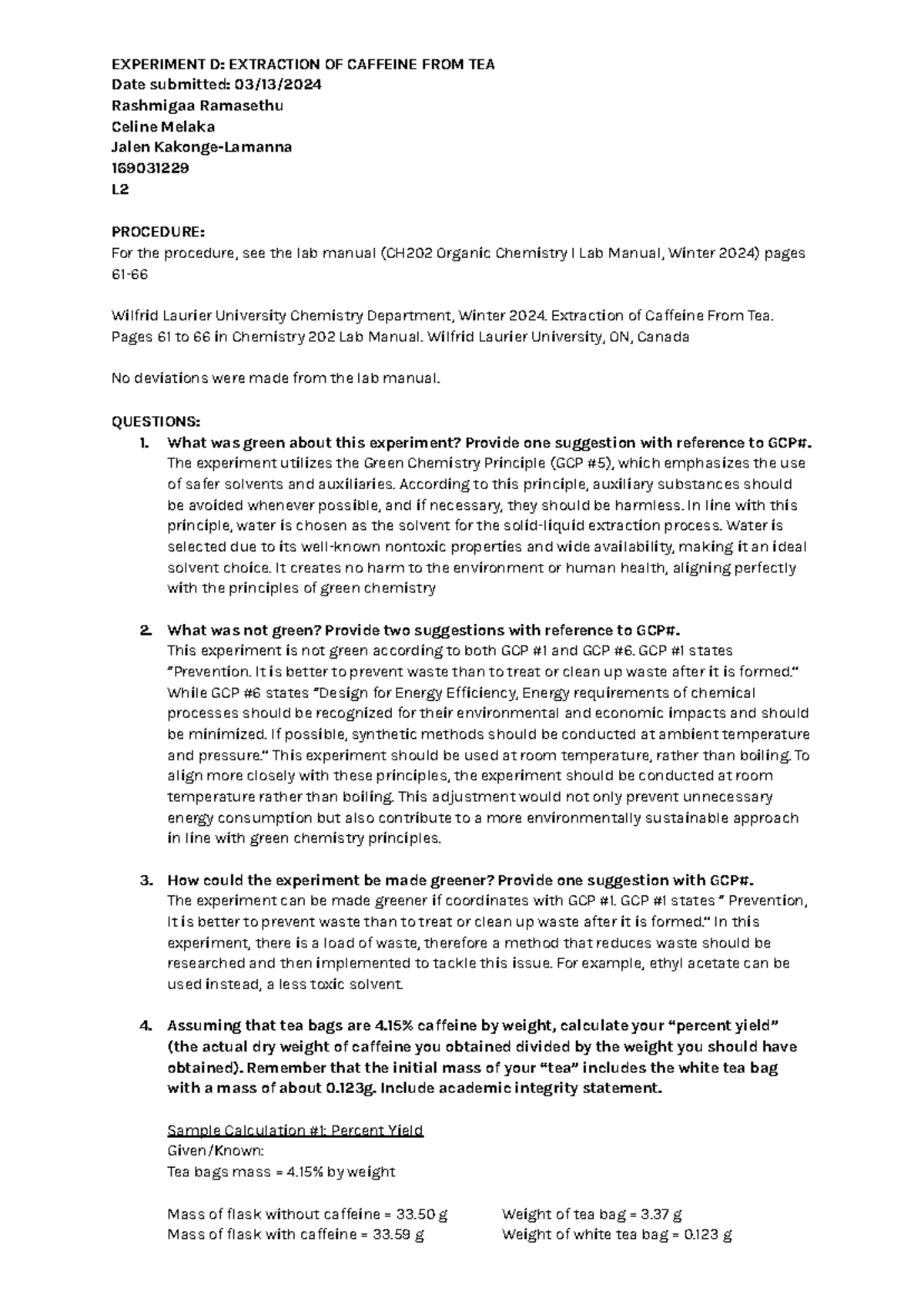 Experiment D Extraction Of Caffeine From Tea Experiment D Extraction Of Caffeine From Tea