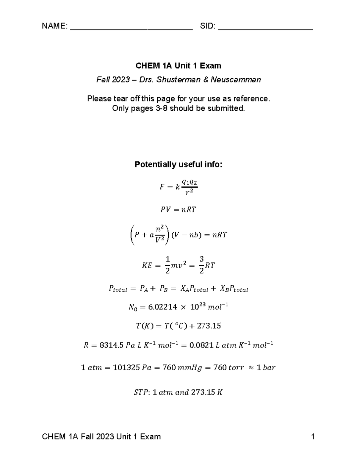 Practice Midterm 1 Fall23 - CHEM 1A Unit 1 Exam Fall 2023 – Drs ...