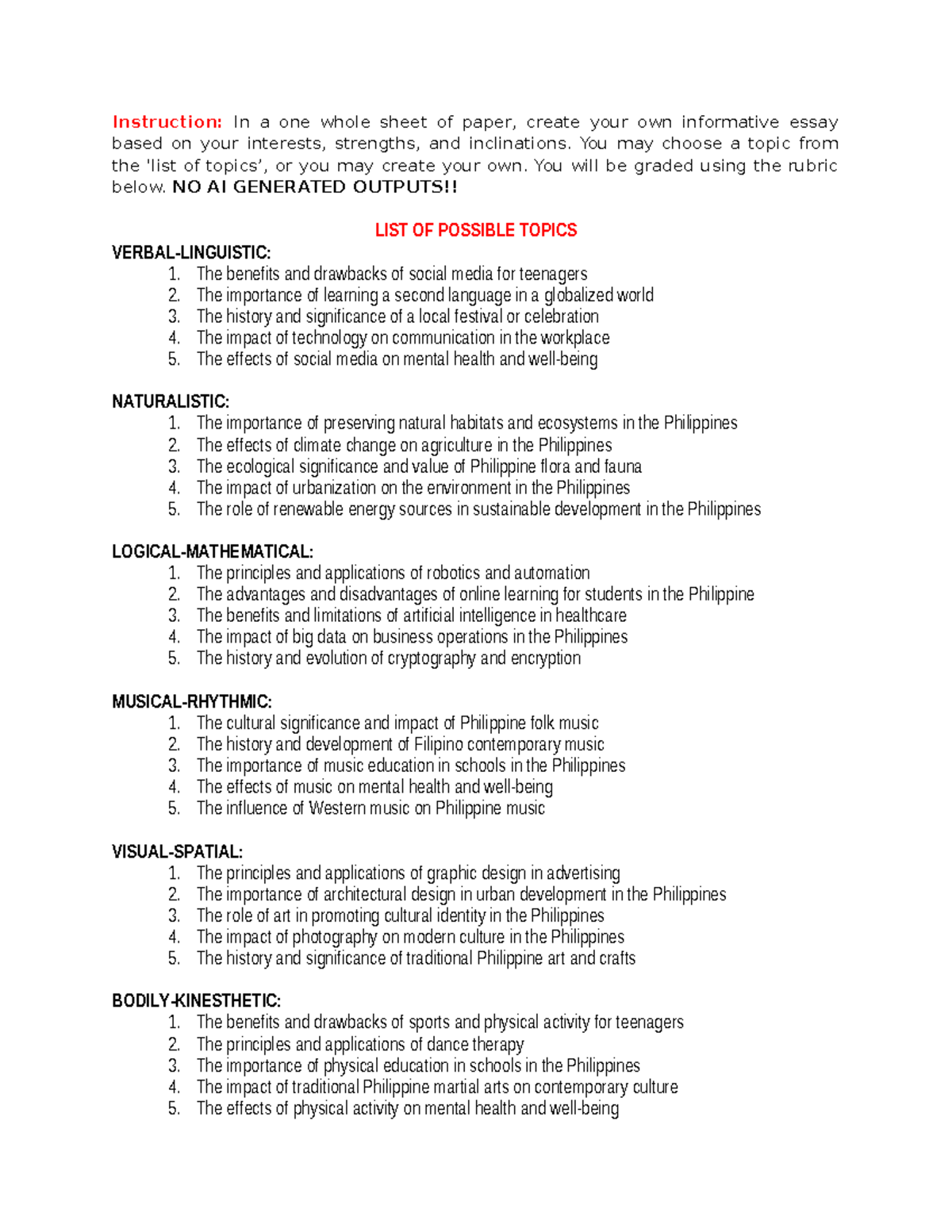 Assignment (Informative Essay) - Instruction: In a one whole sheet of ...