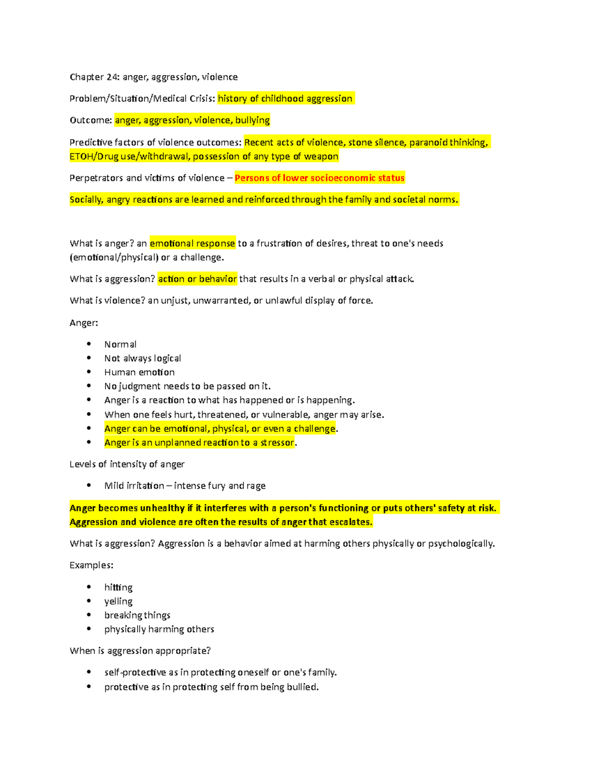 Chapter 24 anger aggression and violence midterm review - Chapter 24 ...