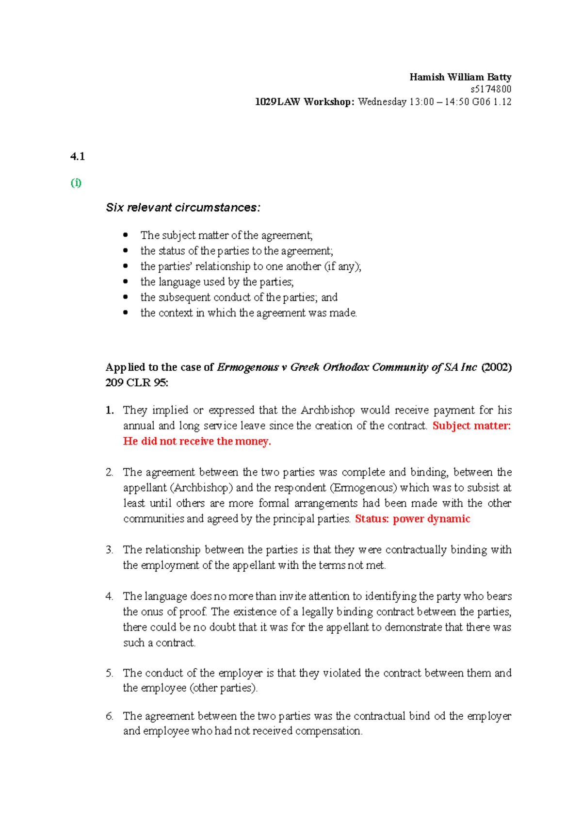 Week 4 Contract Questions - Hamish William Batty s5174800 1029LAW ...