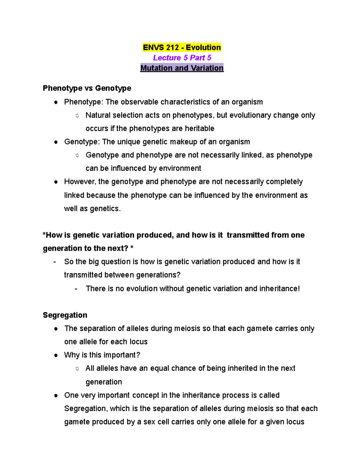 ENVS 212 Lecture 5 Part 5- Spring 2020 - ENVS 212 - Evolution Lecture 5 Part 5 Mutation and ...