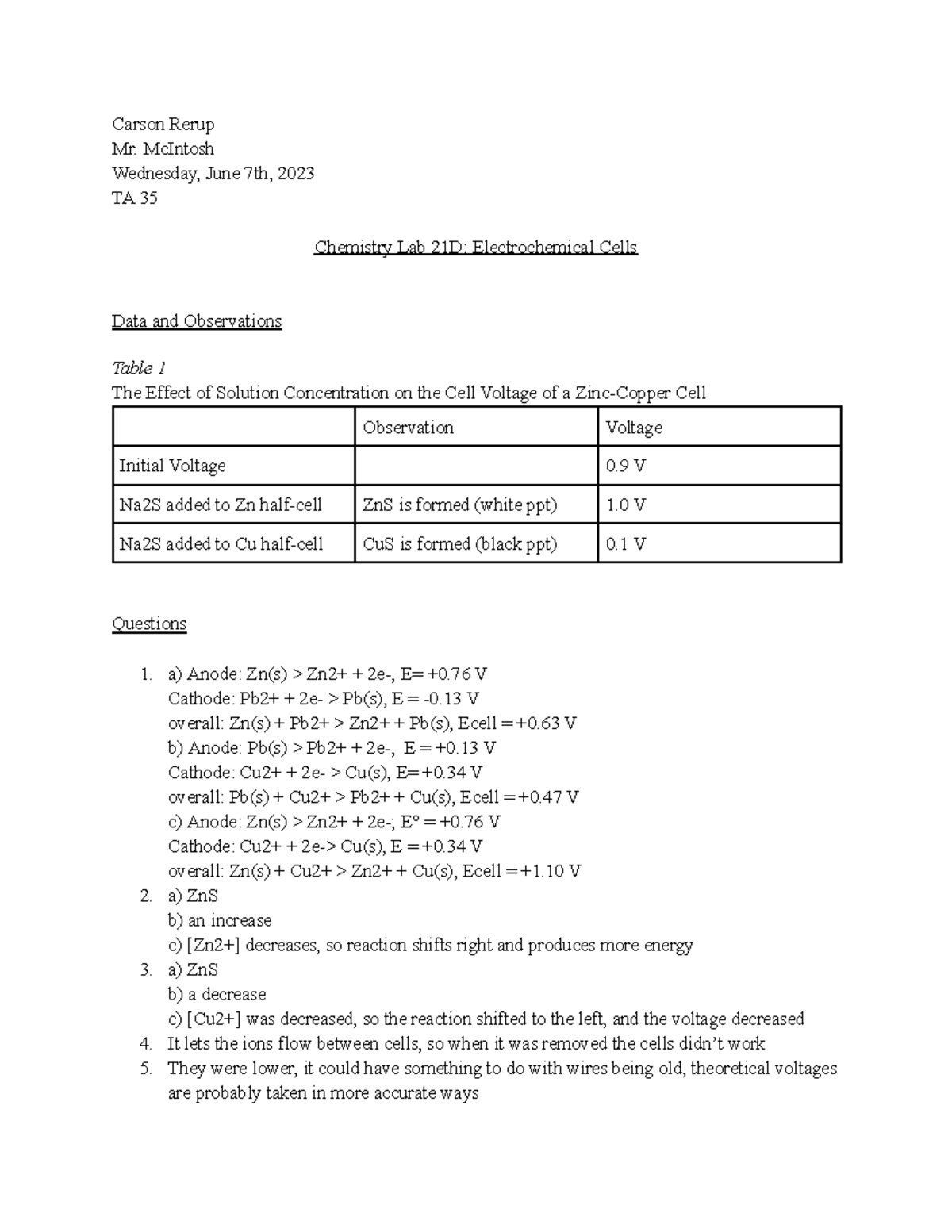 Chemistry Lab 21D Electrochemical Cells - Studocu