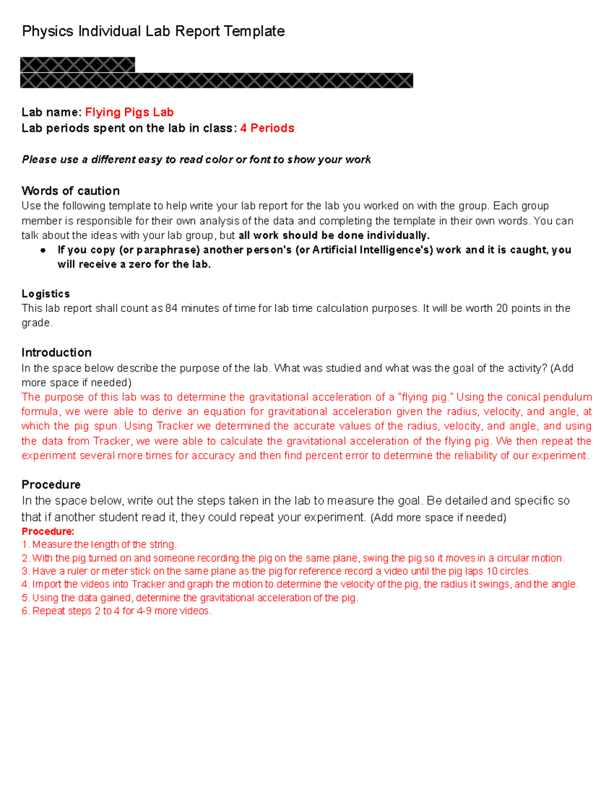 Flying Pigs Lab - Lab - Physics Individual Lab Report Template Lab name ...