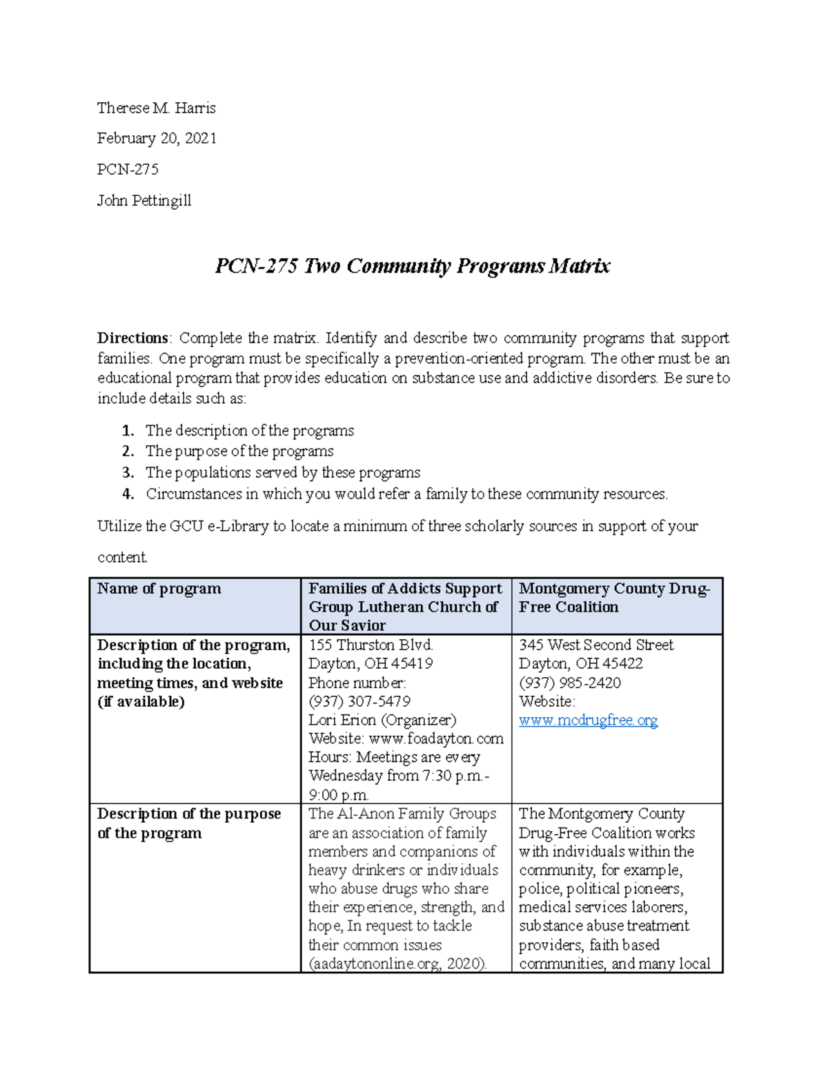 Two Community Programs Matrix - Therese M. Harris February 20, 2021 PCN ...