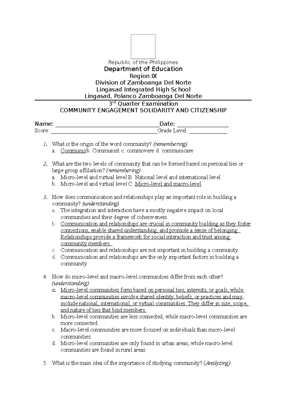 CESC - 3rd Quarter Exam - Republic of the Philippines Department of ...
