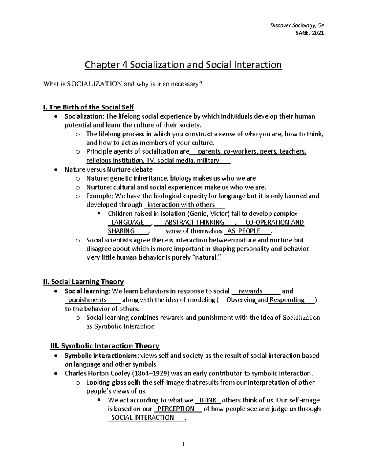 Ch 4 Socialization and Social Interaction notes Student Chambliss 3e ...